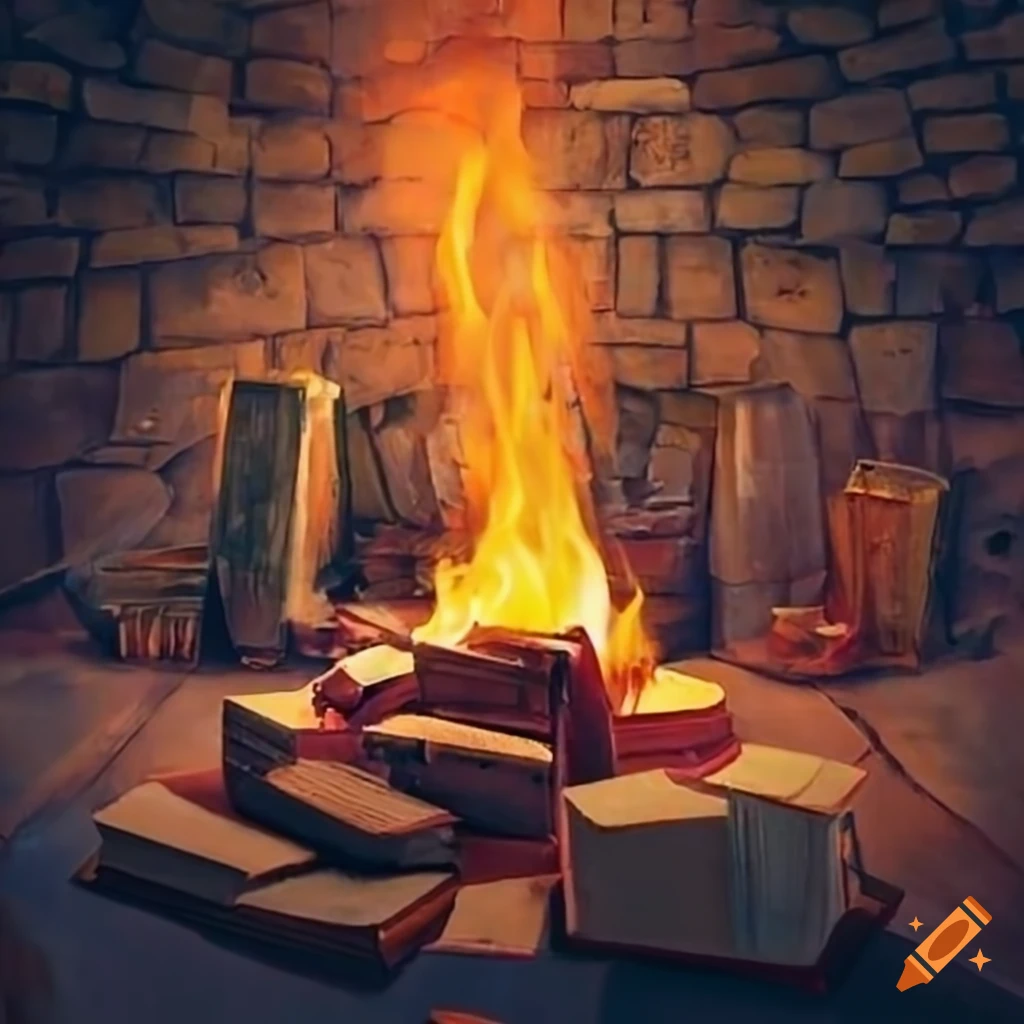 Image of a bonfire of books in a wet cellar on Craiyon