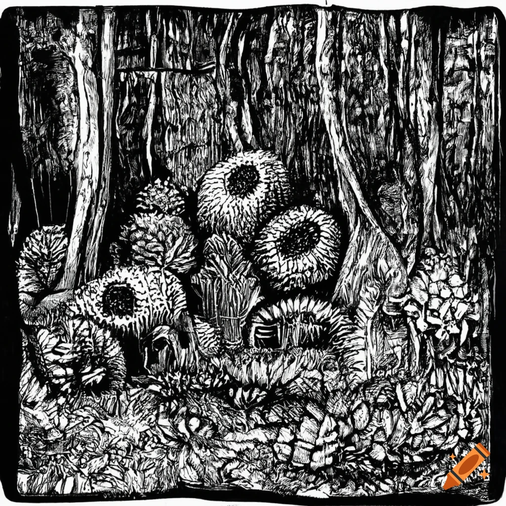 Three elaborate tree trunks in black and white forest on Craiyon