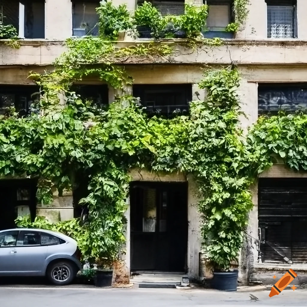 Building covered in vines and flowers on Craiyon
