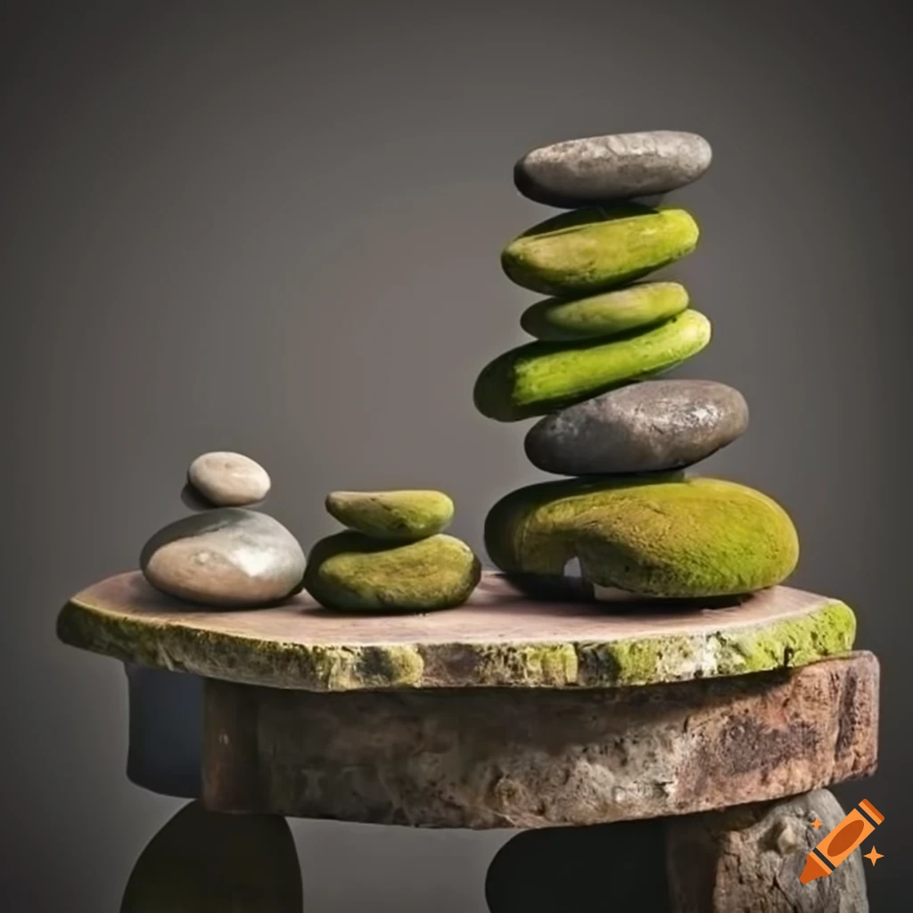 Moss-covered stone cellar with balancing stones on a table on Craiyon