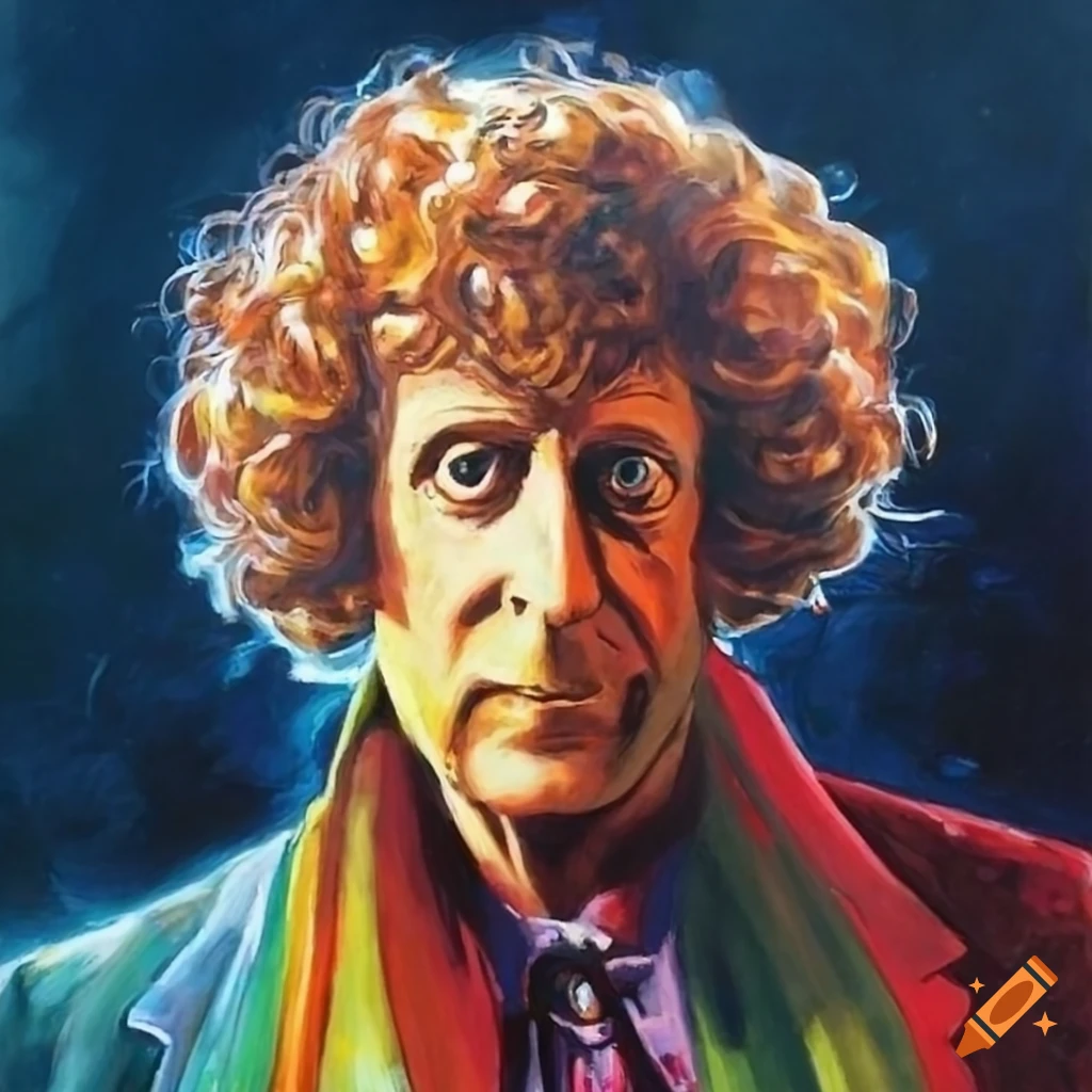 Retro sci-fi art of Sixth Doctor Who in colorful outfit on Craiyon