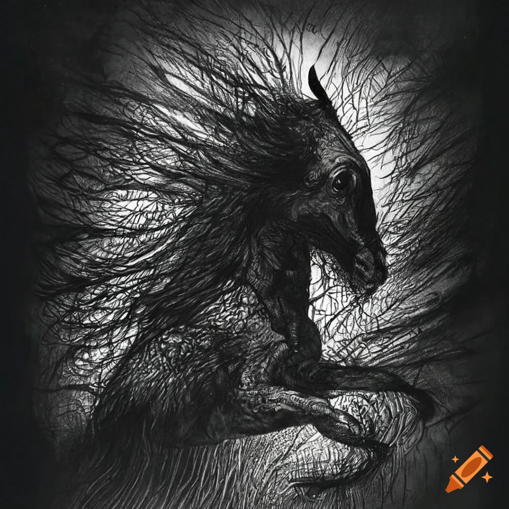 Black ink drawing of a mysterious warrior on a black horse