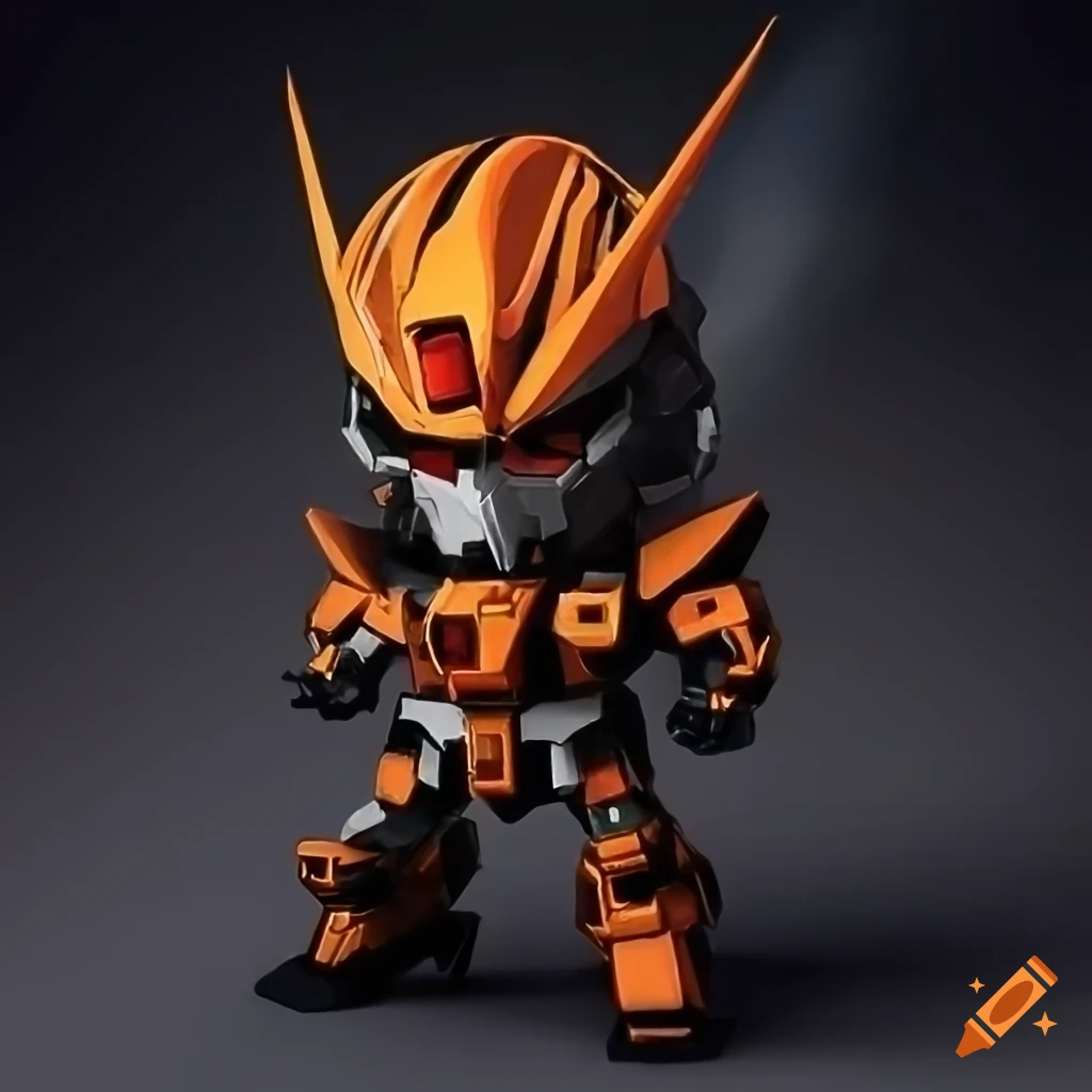 Chibi gundam robot with black, orange, and white colors