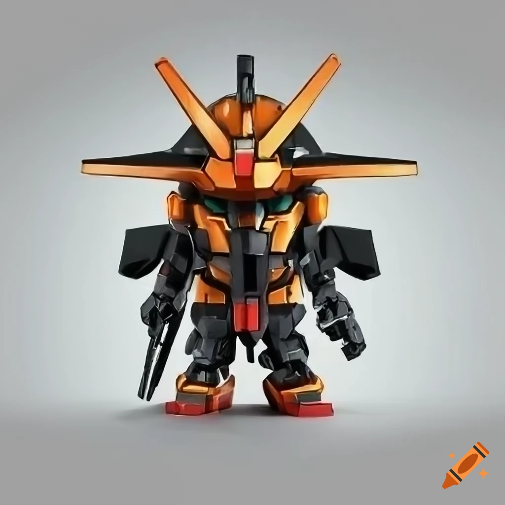Chibi black and orange gundam robot with metallic armor on Craiyon