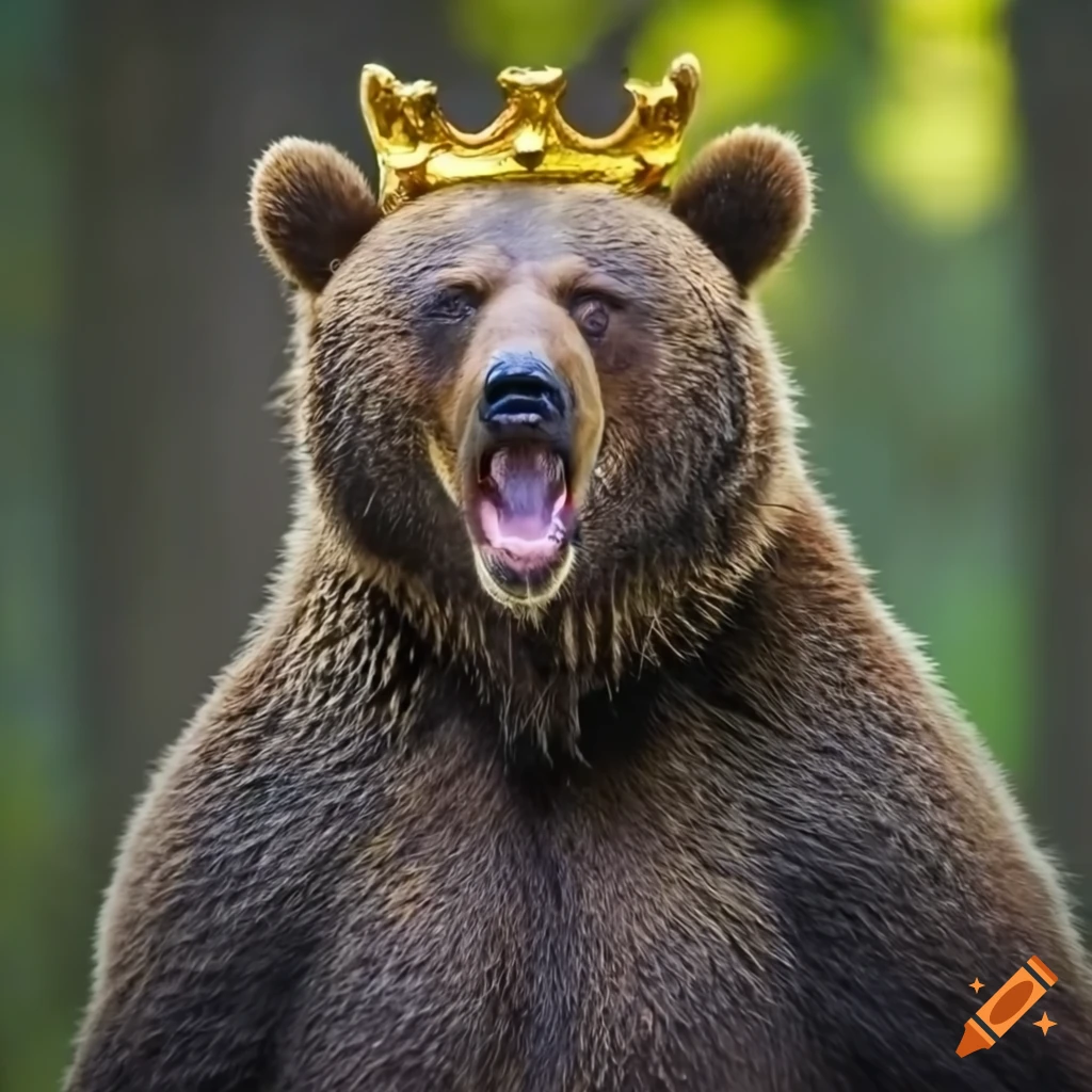 Image of a bear wearing a golden crown in the forest on Craiyon