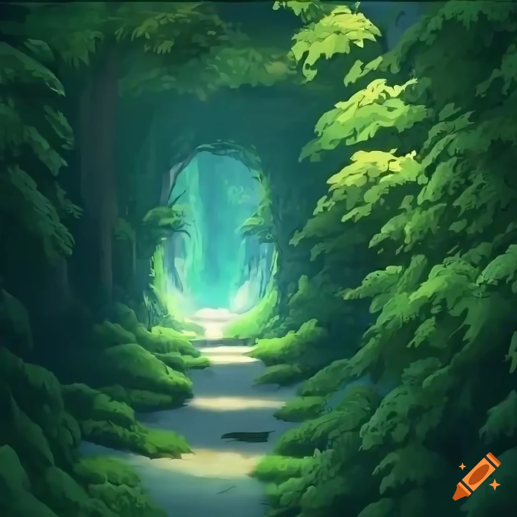 Wide-angle view of a dense forest path on Craiyon