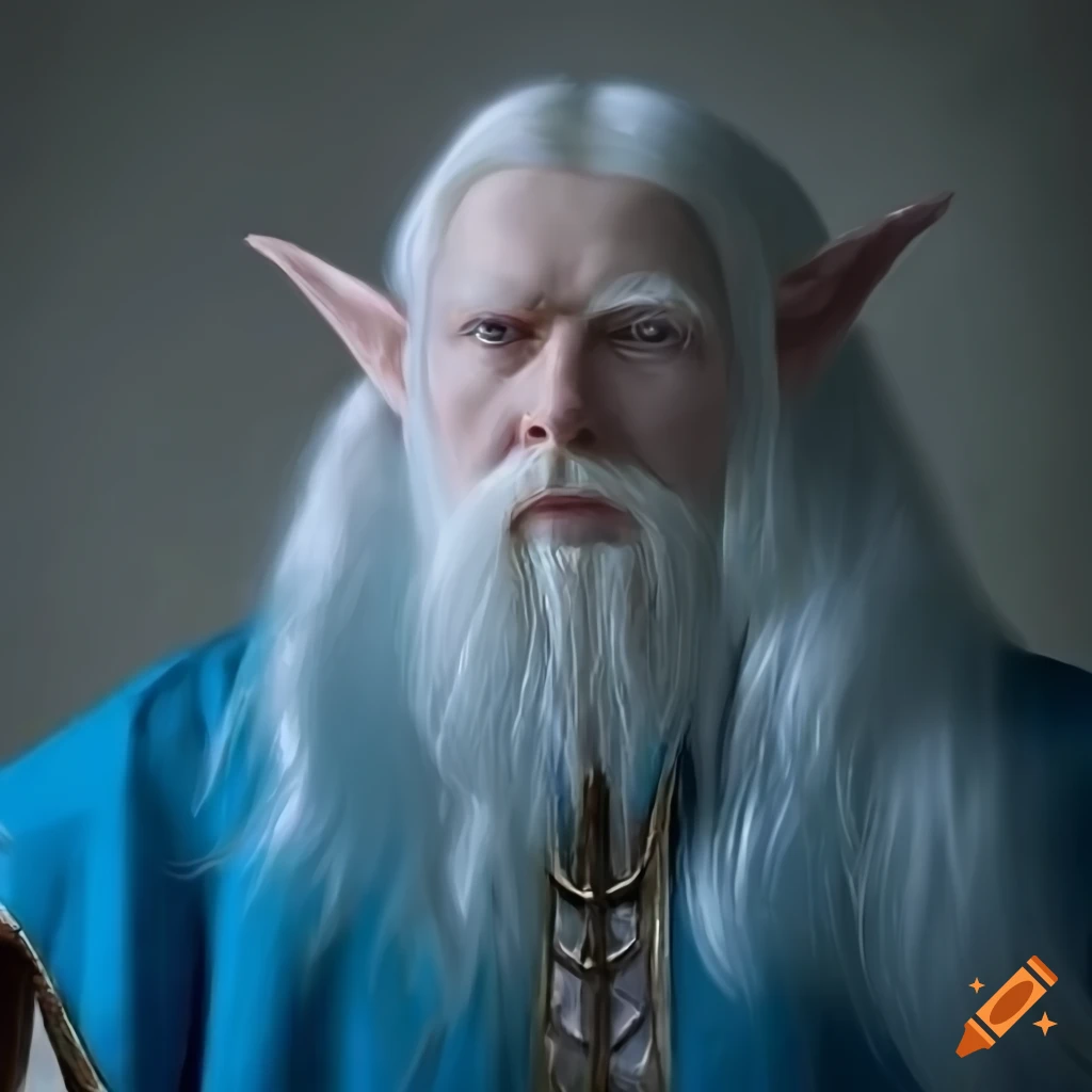 Photo of an ancient elf mage surrounded by artifacts on Craiyon