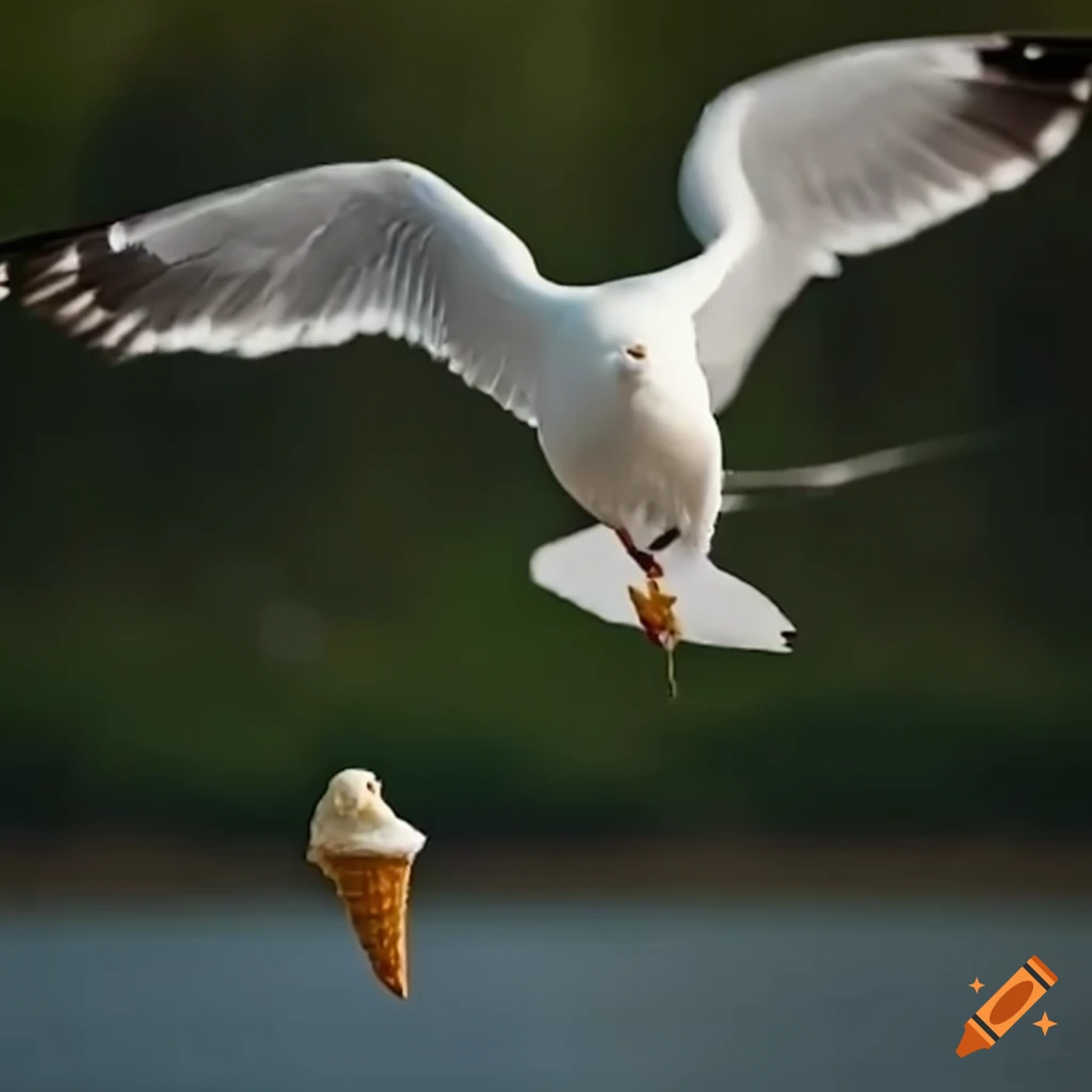 Seagull stealing ice cream from a person's hand on Craiyon