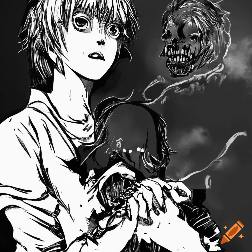 Black and white manga-style drawing of a young ghost hunter on Craiyon