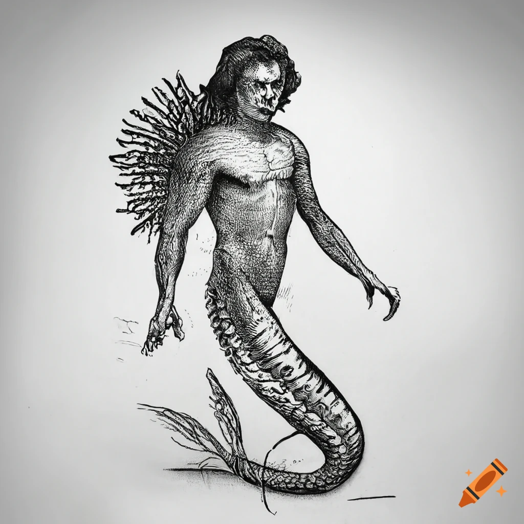 Etching of steve harrington as a merman monster on Craiyon