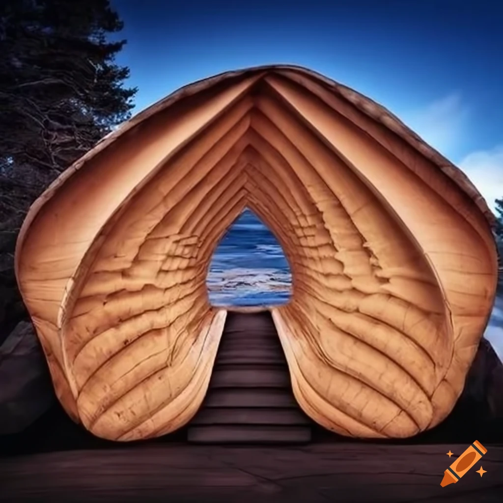 Illustration of a cathedral-like cabin made of giant clams on Craiyon