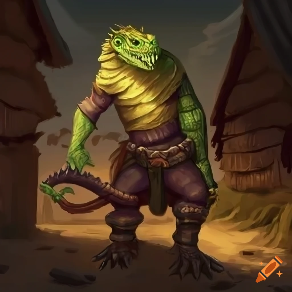 Fantasy art of a charging lizardfolk barbarian in a village on Craiyon