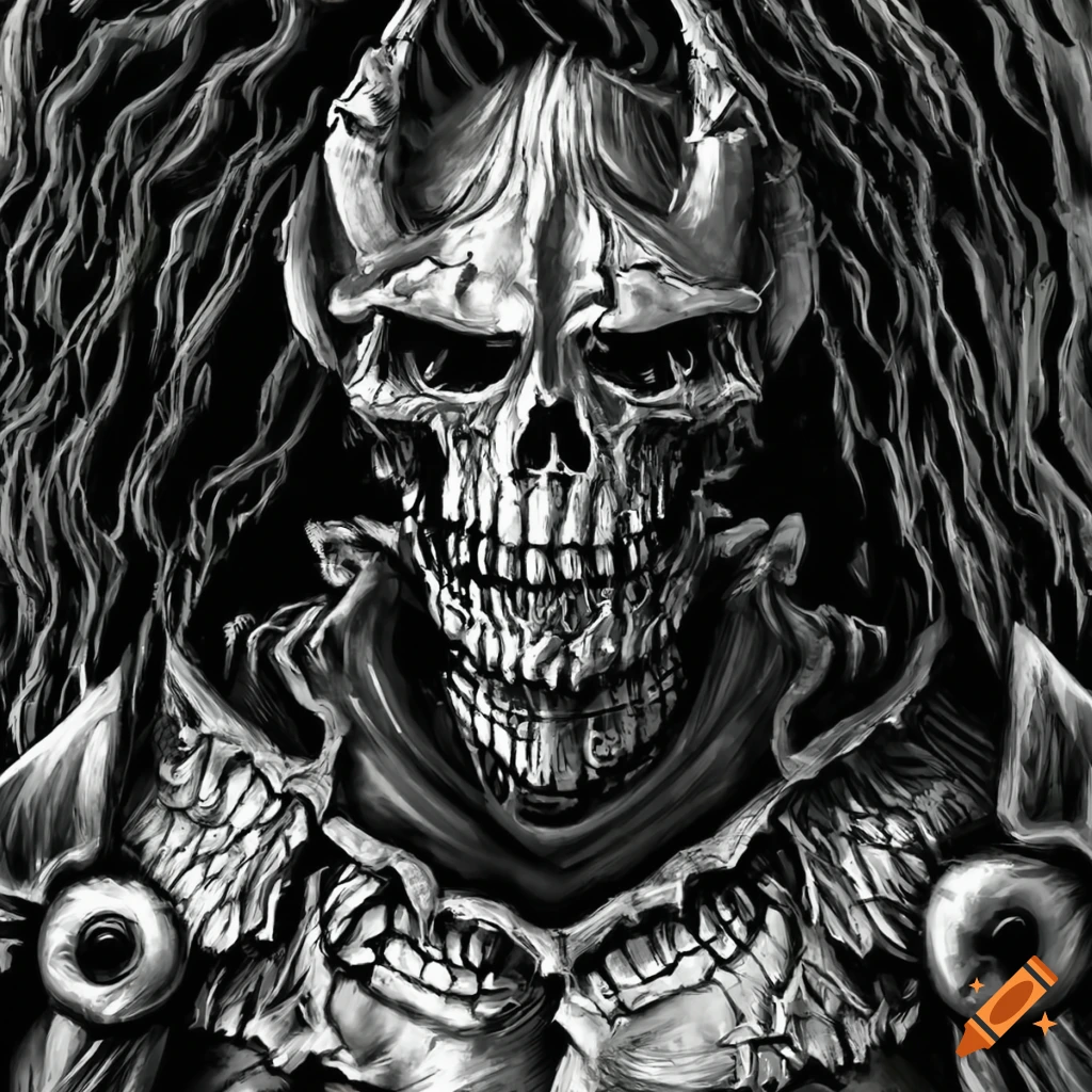 Black and white illustration of berserk's skull knight on Craiyon