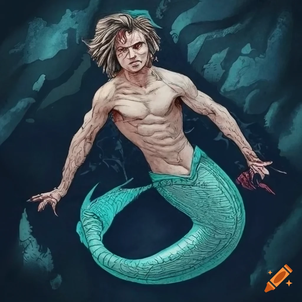 Engraving of a detailed merman steve harrington