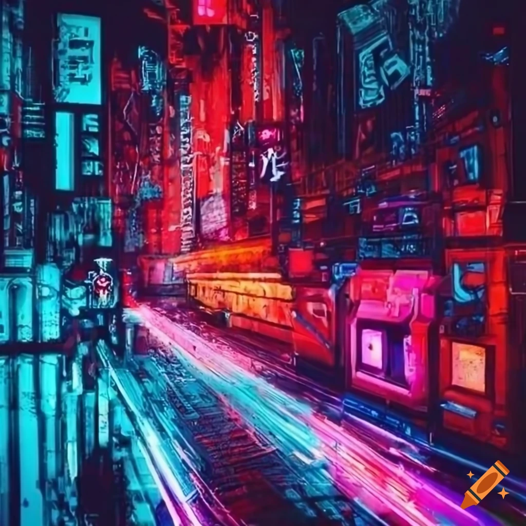 Nighttime cyberpunk light show on Craiyon