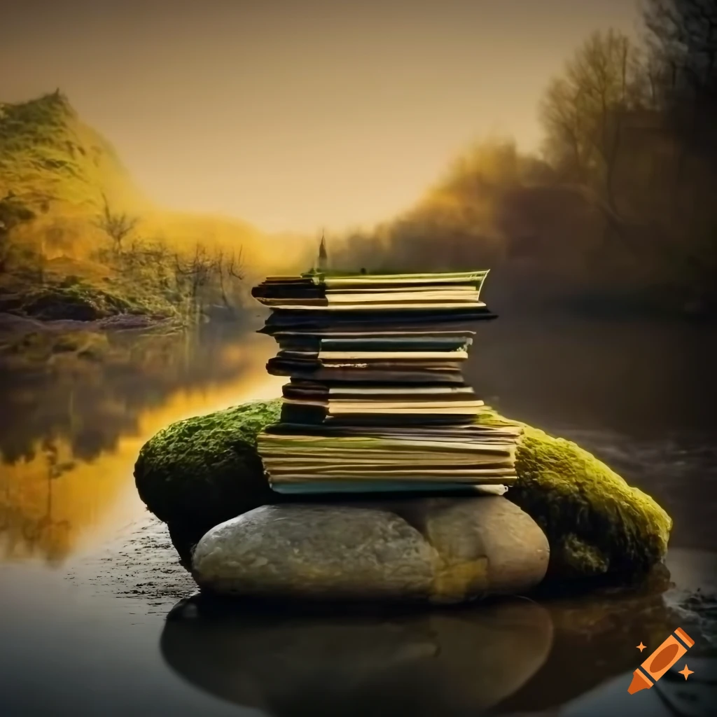Books stacked on a moss covered stone near a river on Craiyon