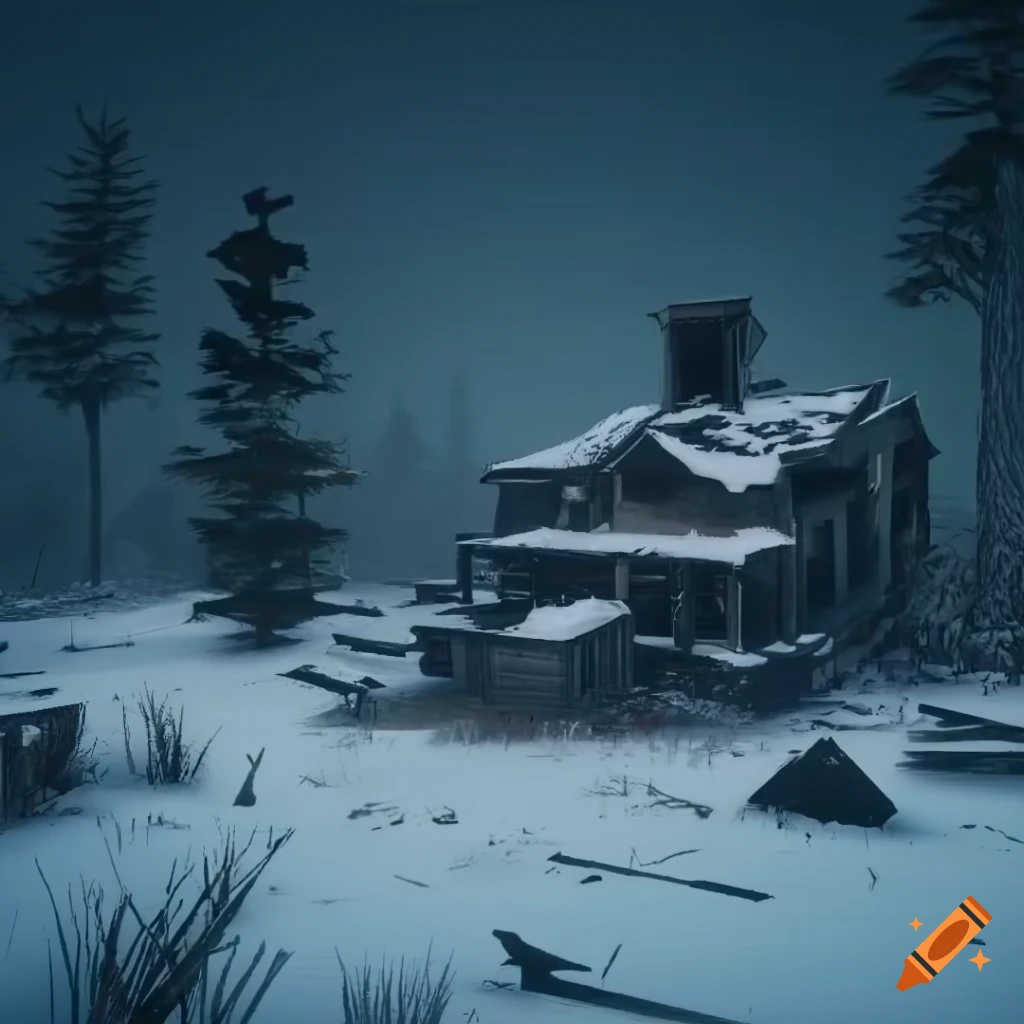 Winter scene of abandoned structures covered in snow on Craiyon