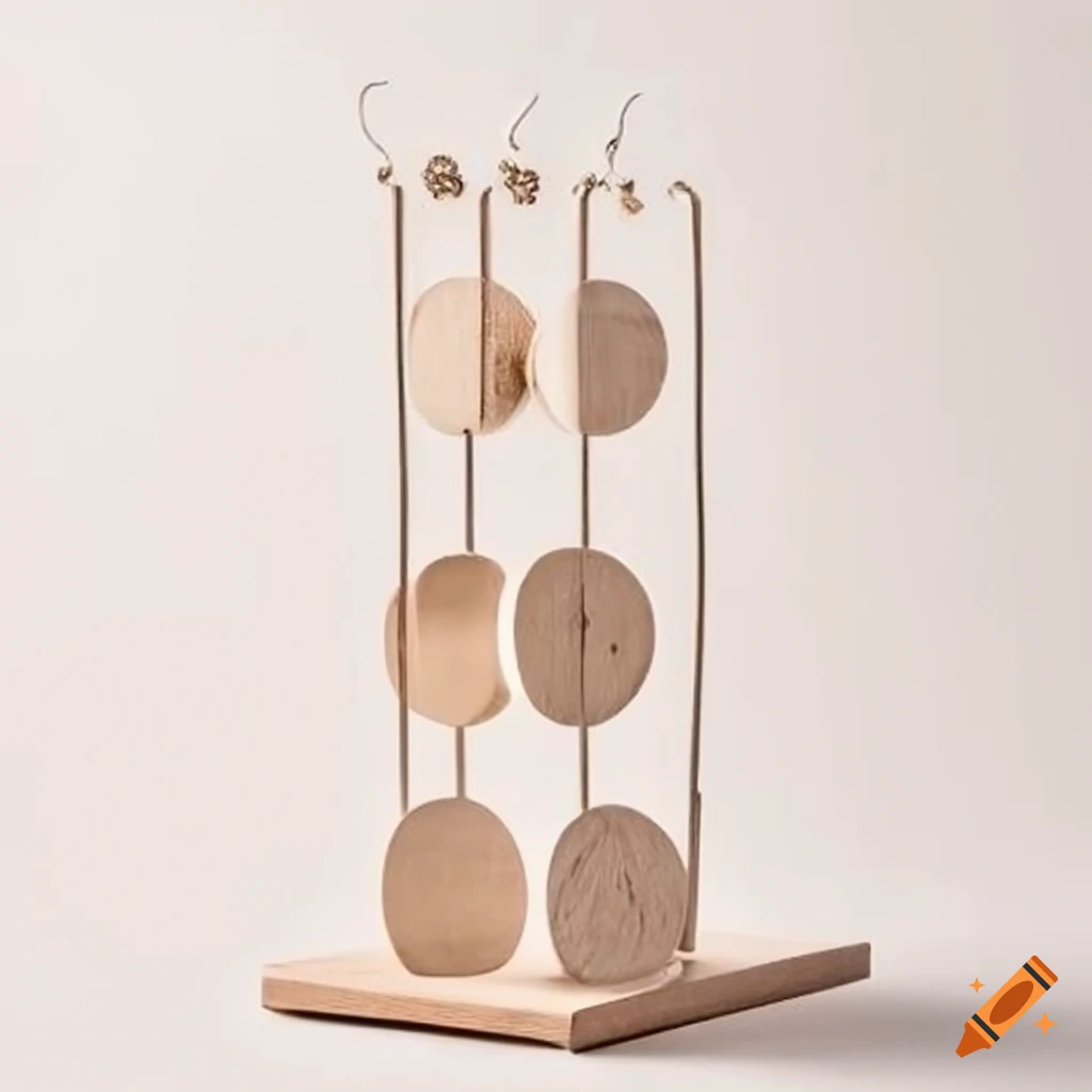 Minimalistic white and wood jewelry rack with earring holes on Craiyon