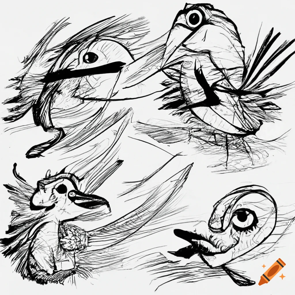 Cartoon sketch of a wacky bird with unruly feathers on Craiyon