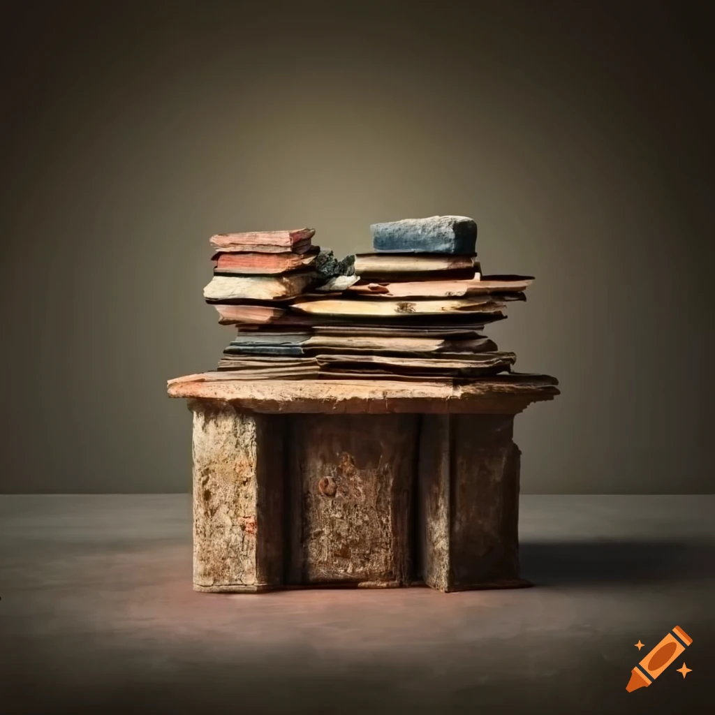 Interior of a stone cellar with books on balancing stones on Craiyon