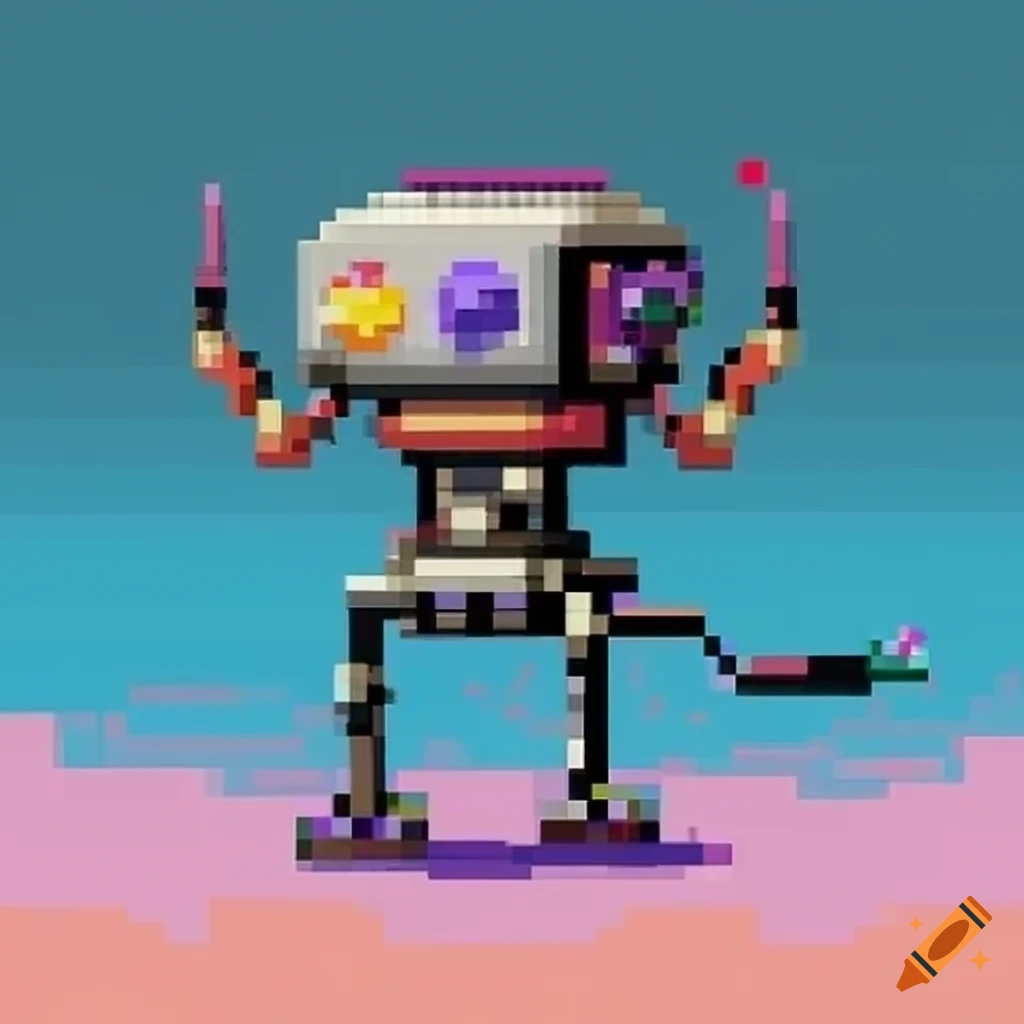 Pixel art of a detailed robotic greeter droid