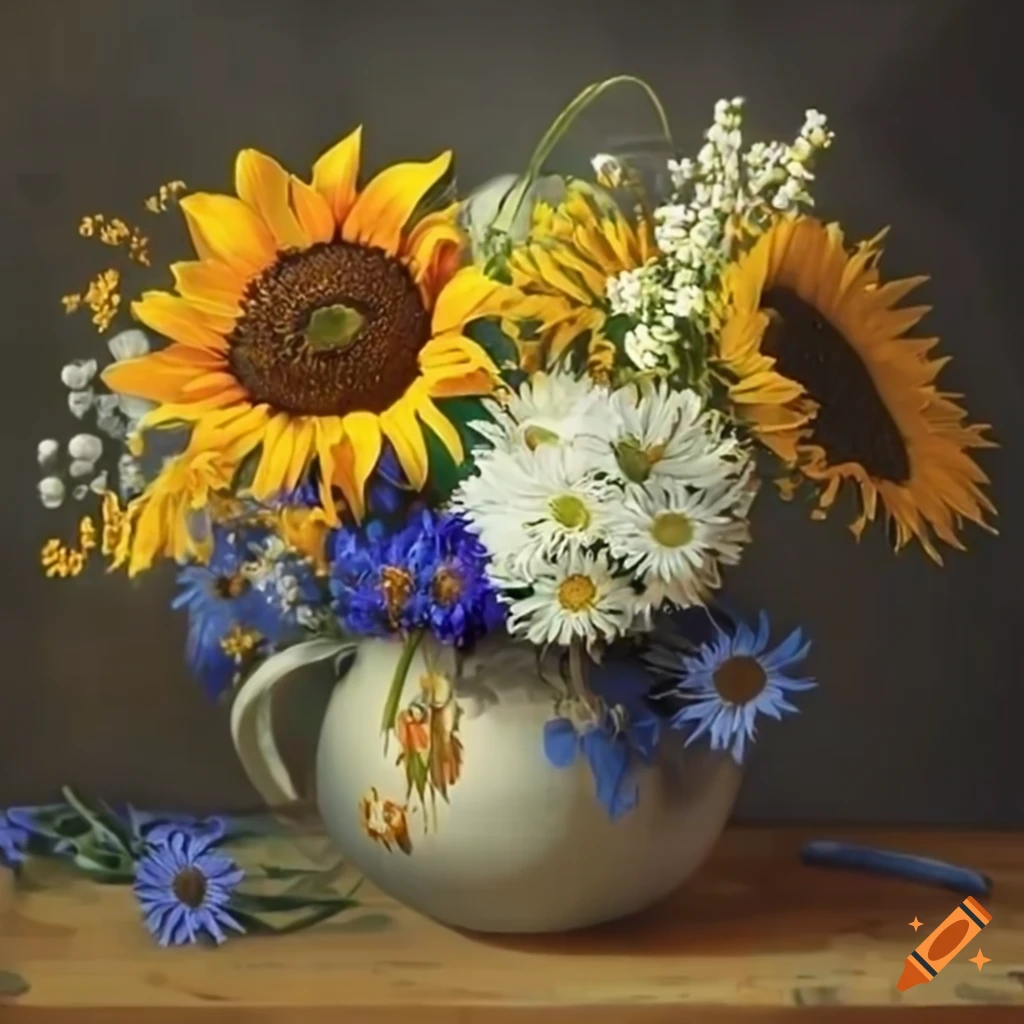 Flemish style bouquet of sunflowers, daisies, and cornflowers in a vase ...