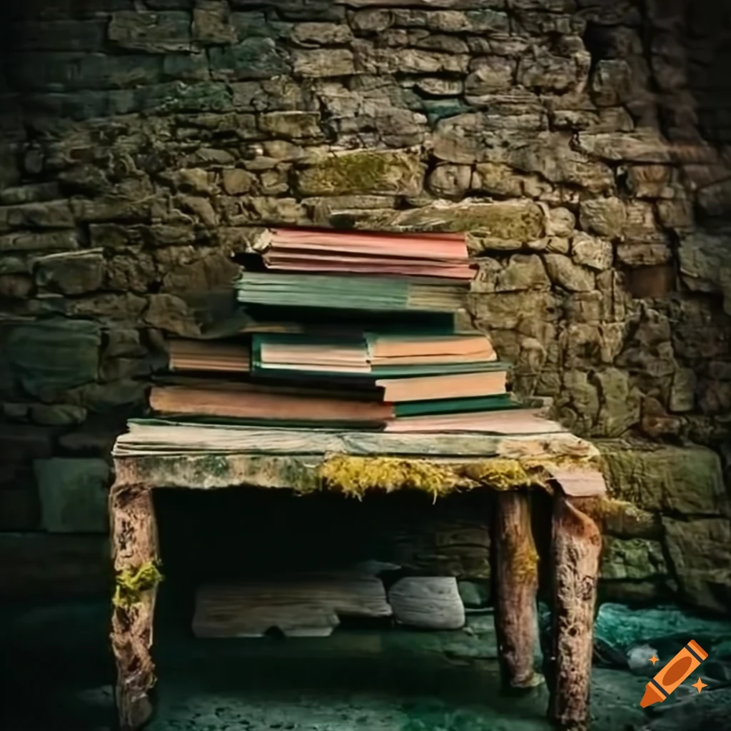 Image of a stone cellar with books on a table on Craiyon