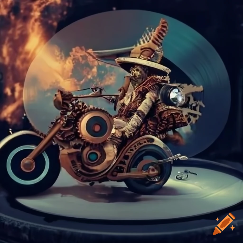 Mecha solarpunk steampunk motorcycle in black field with dramatic ...