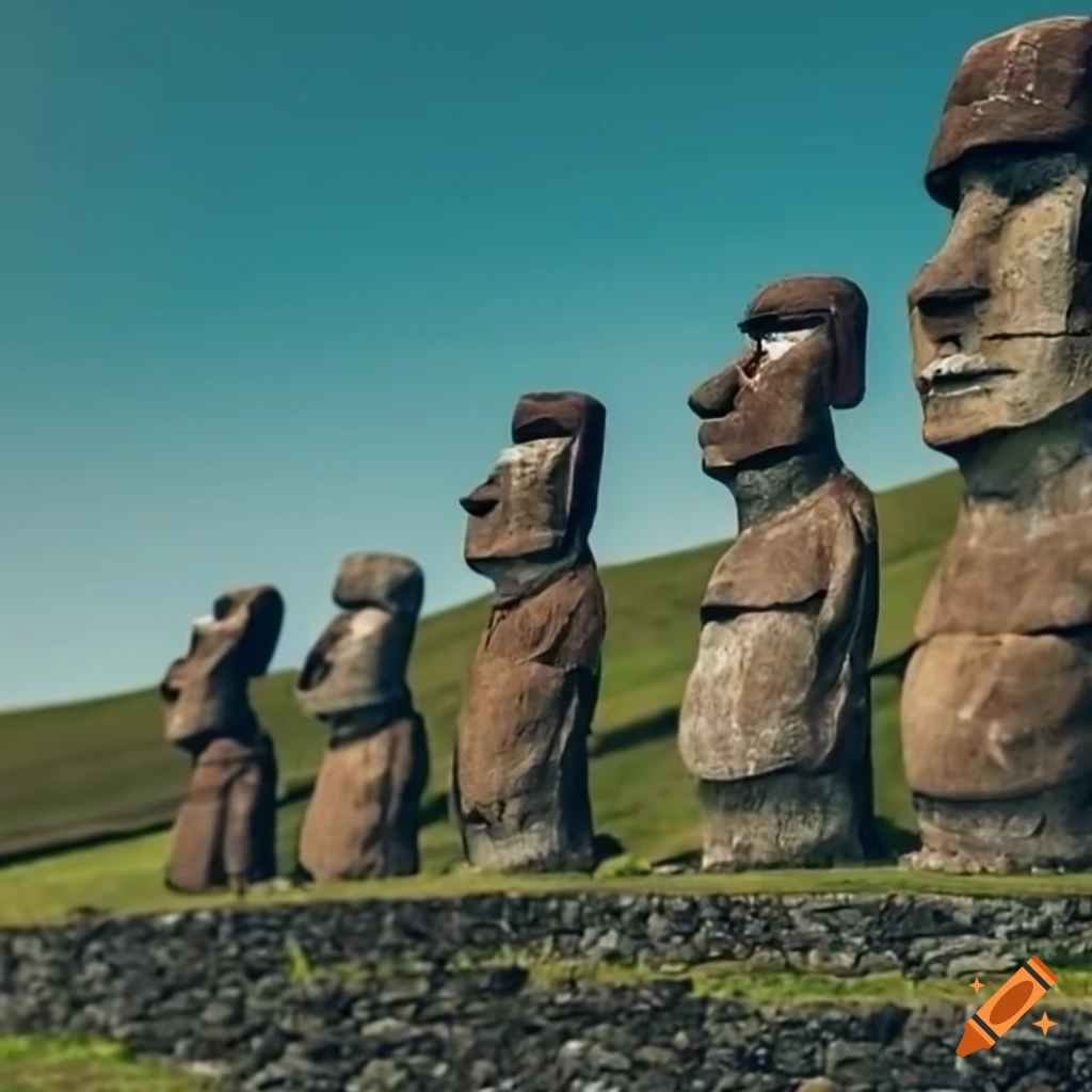Sunset view of five moai heads standing on a hill on Craiyon