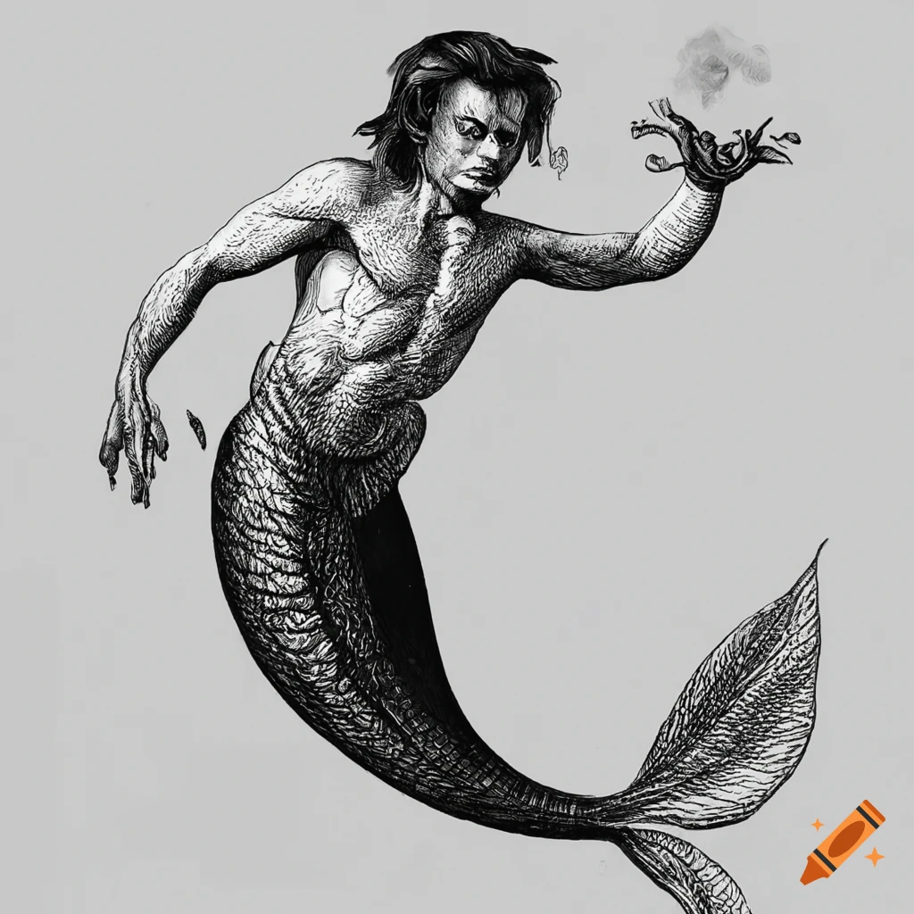 Detailed etching of steve harrington as a merman monster