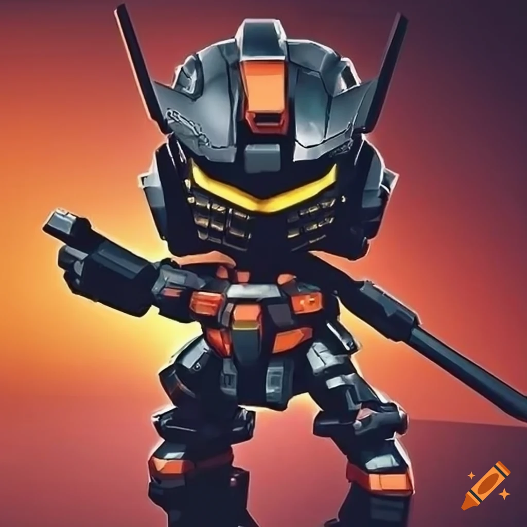 Chibi gundam robot with black and orange metallic armor on Craiyon