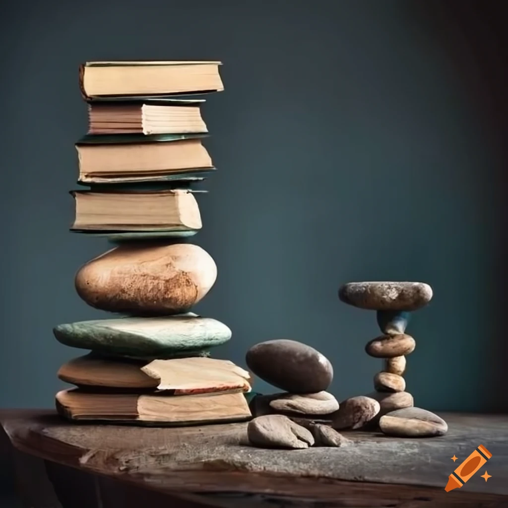 Wet stone cellar with books on balancing stones on Craiyon