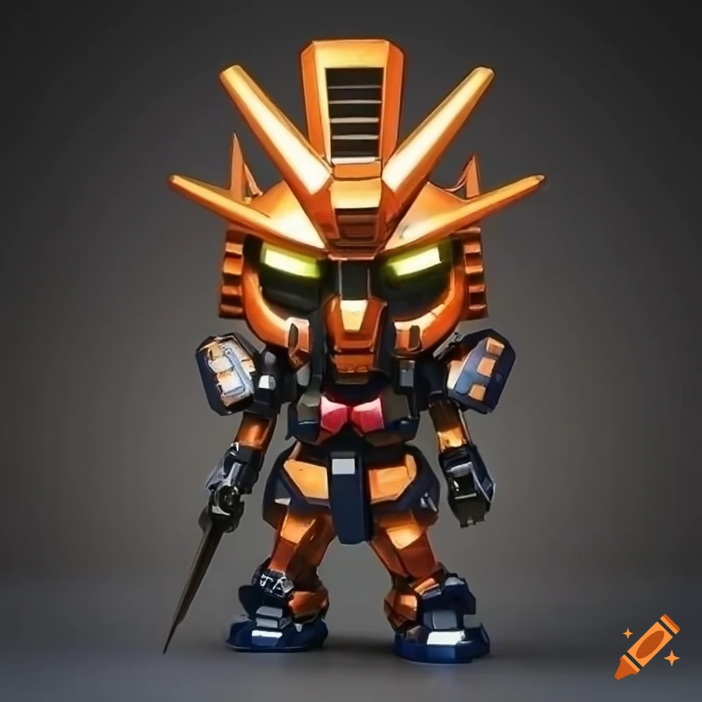 Chibi gundam robot with black and orange metallic armor on Craiyon