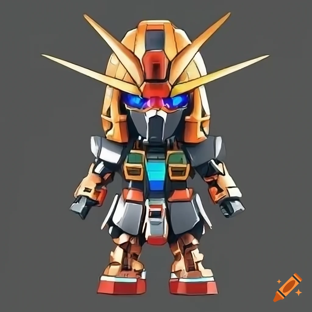 Chibi gundam robot with black and orange metallic armor on Craiyon