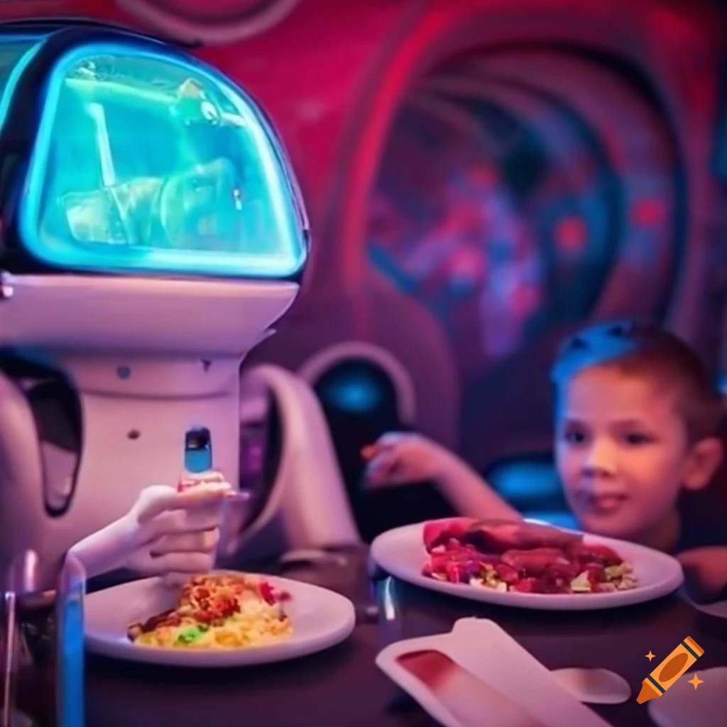 Kids dining in a robot-themed eatery
