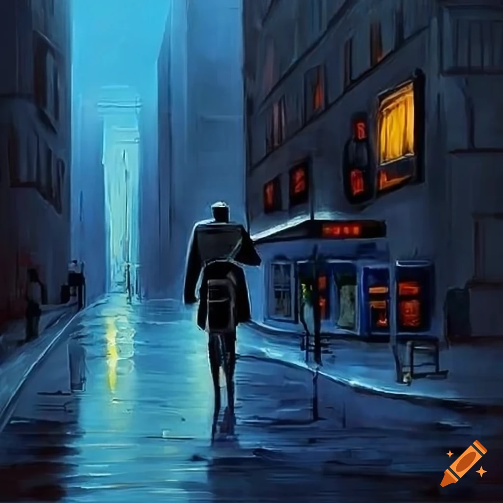 Masterpiece painting of a lone person walking in the city streets at night