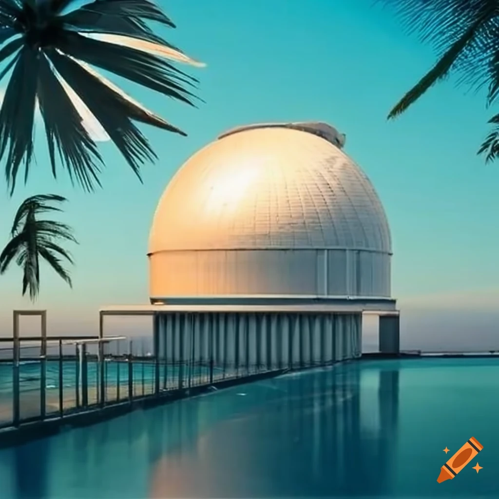View of a telescope observatory rooftop bar with palm trees on Craiyon