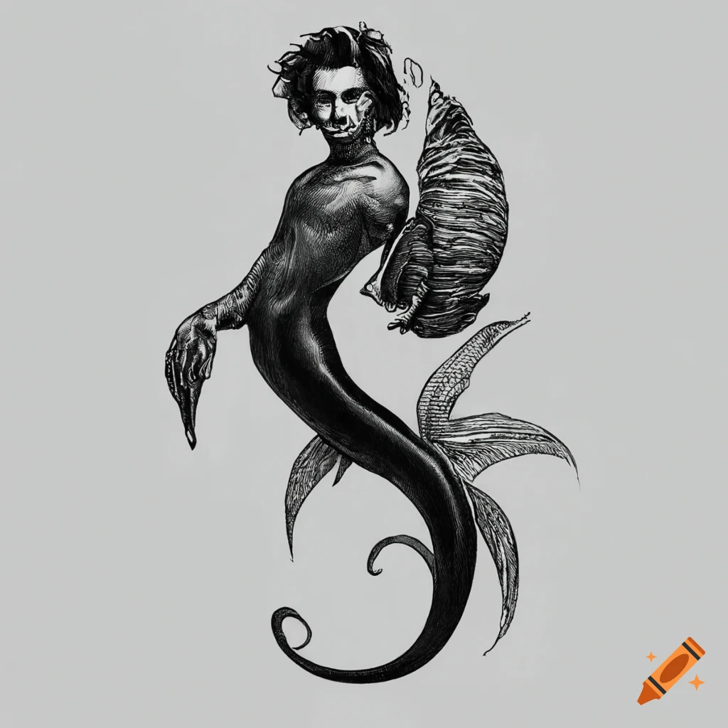 Detailed etching of a lovecraftian merman on Craiyon