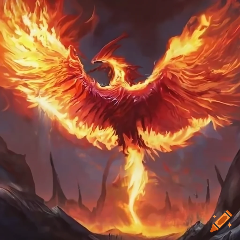 Epic depiction of a rising fire phoenix on Craiyon