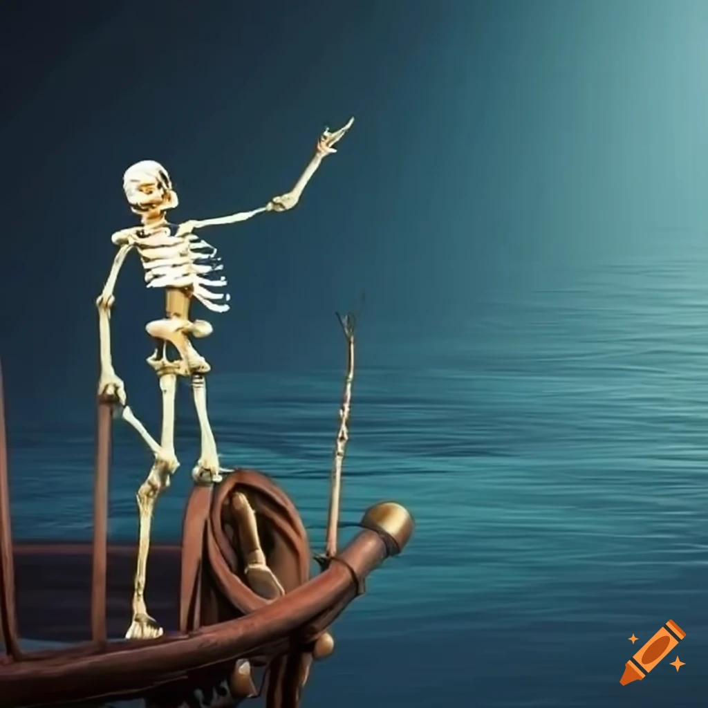 Three skeletons standing on a pier next to a lake on Craiyon
