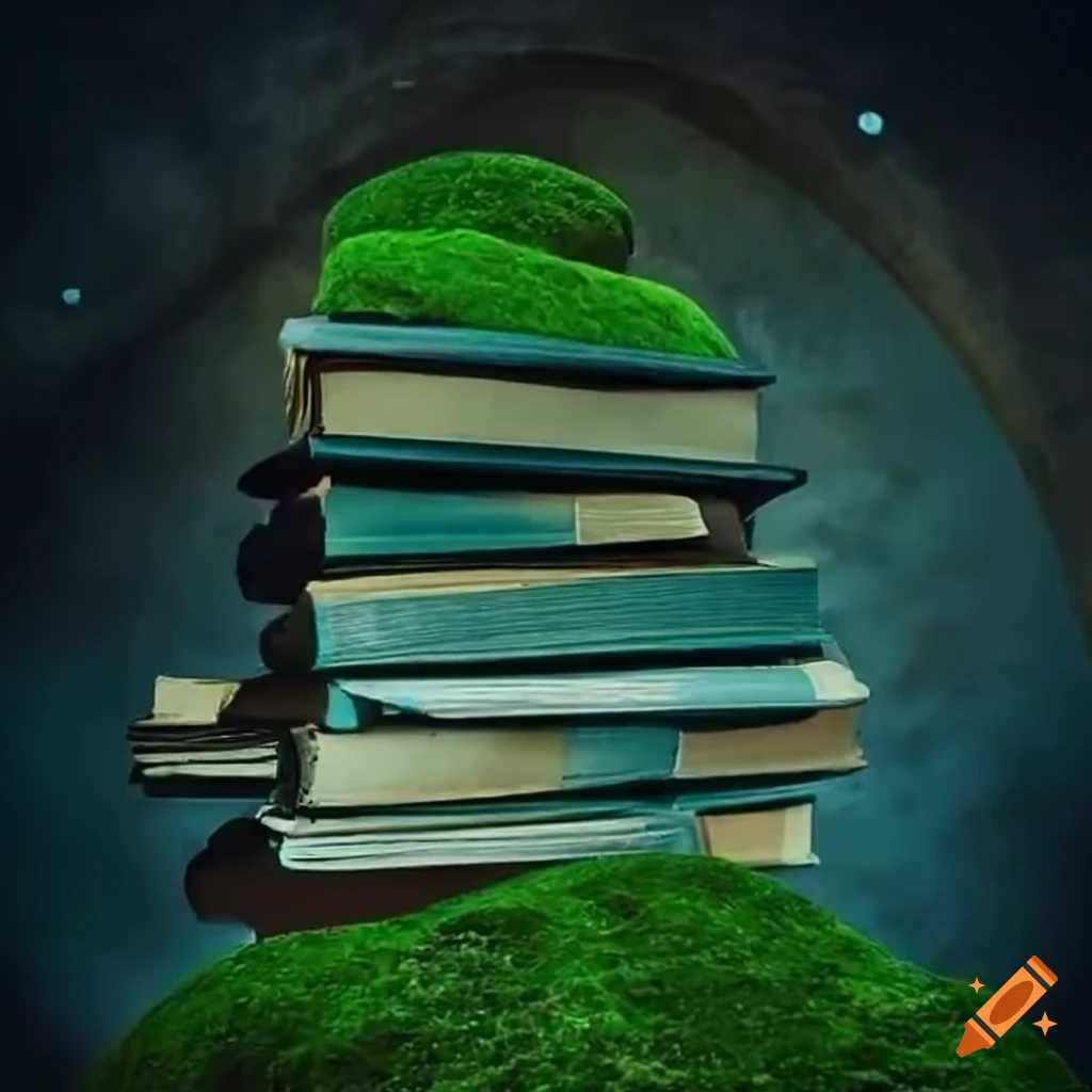 Books stacked in a moss-covered stone cellar on Craiyon