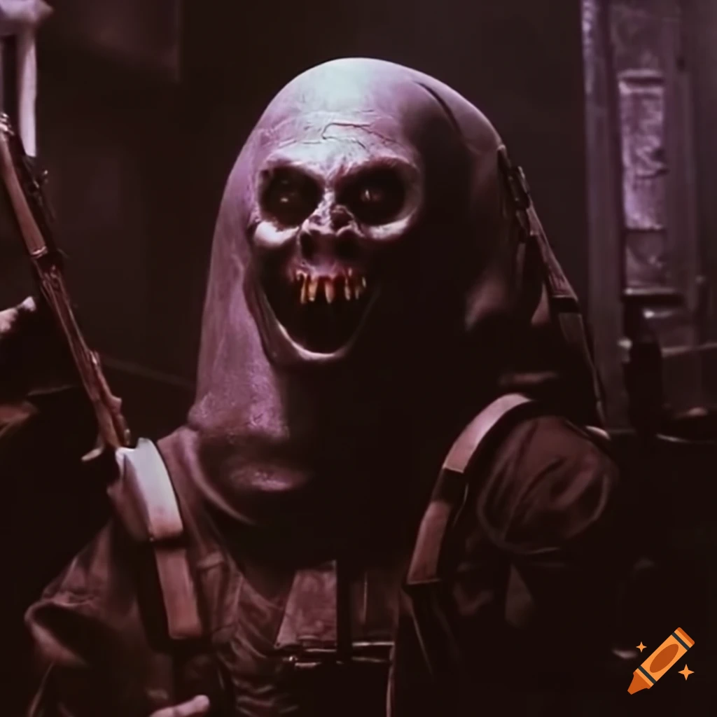 Movie still from a dark fantasy military horror film on Craiyon