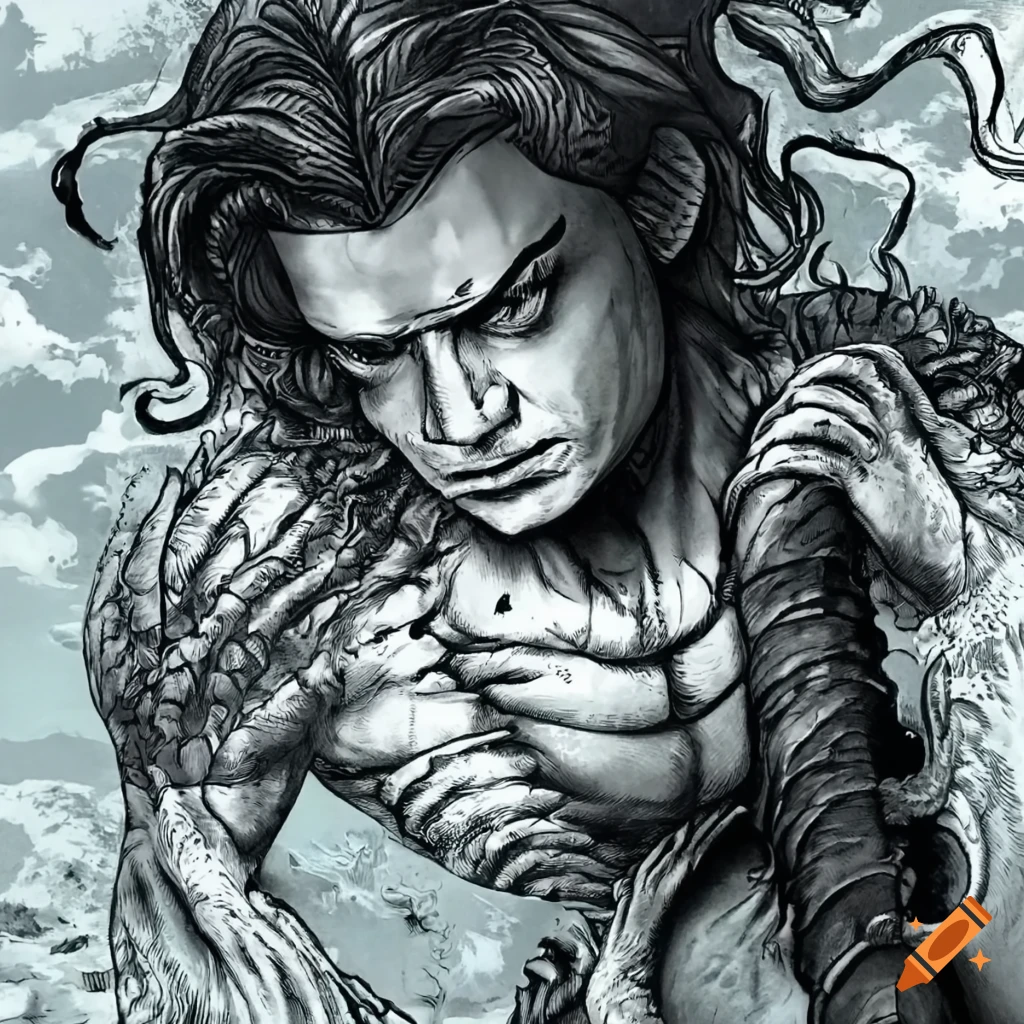 Detailed etching of a prehistoric merman monster on Craiyon