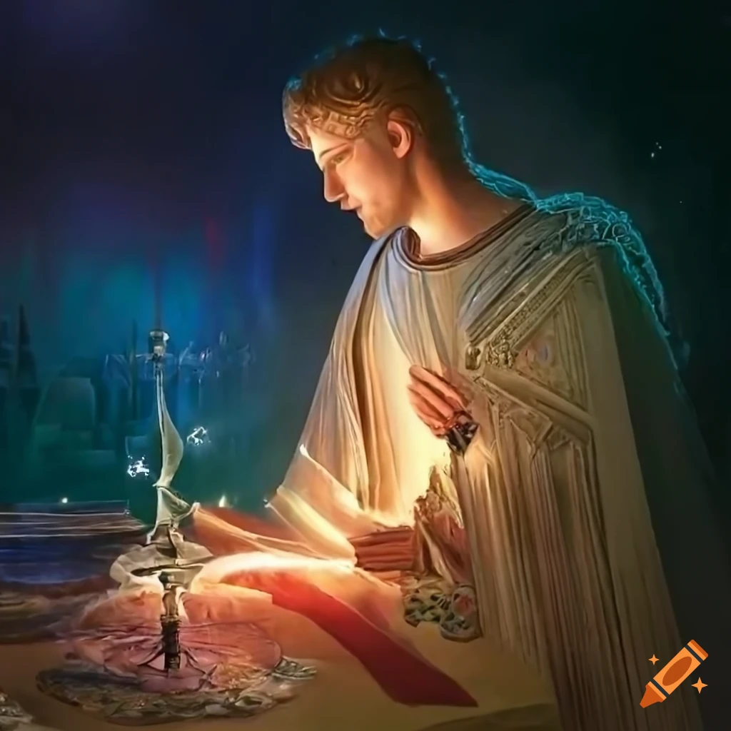 Detailed ultrarealistic art of a roman emperor praying in a temple