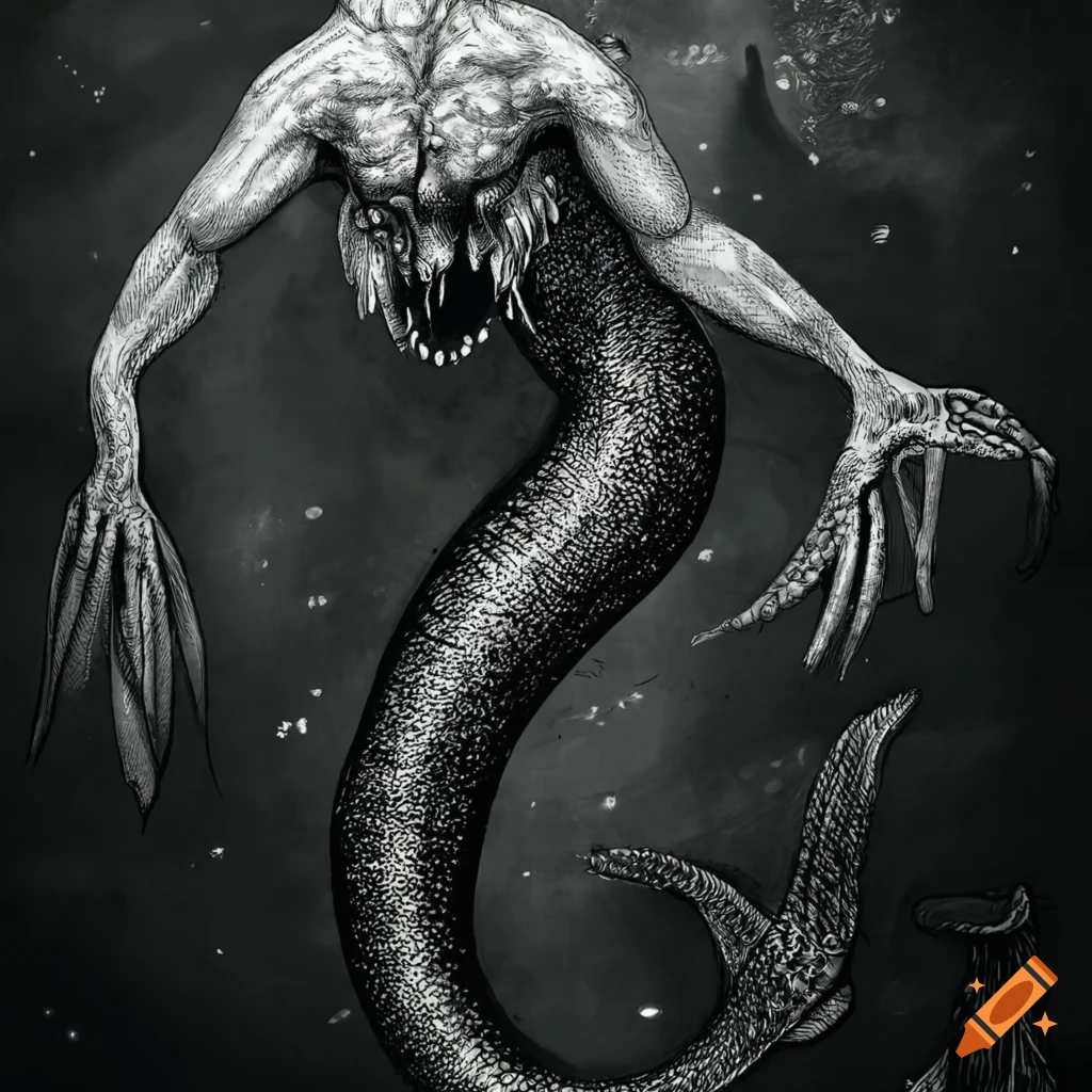 Detailed black and white etching of a prehistoric deep sea merman ...