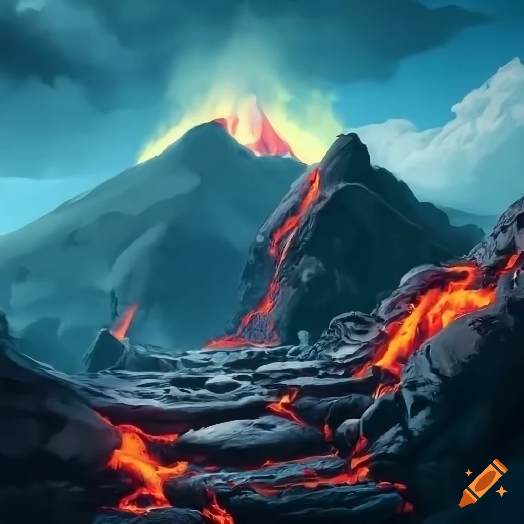 Artistic representation of a volcano with flowing lava on Craiyon