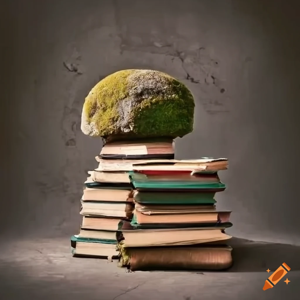 Moss-covered stone cellar with books on a table on Craiyon