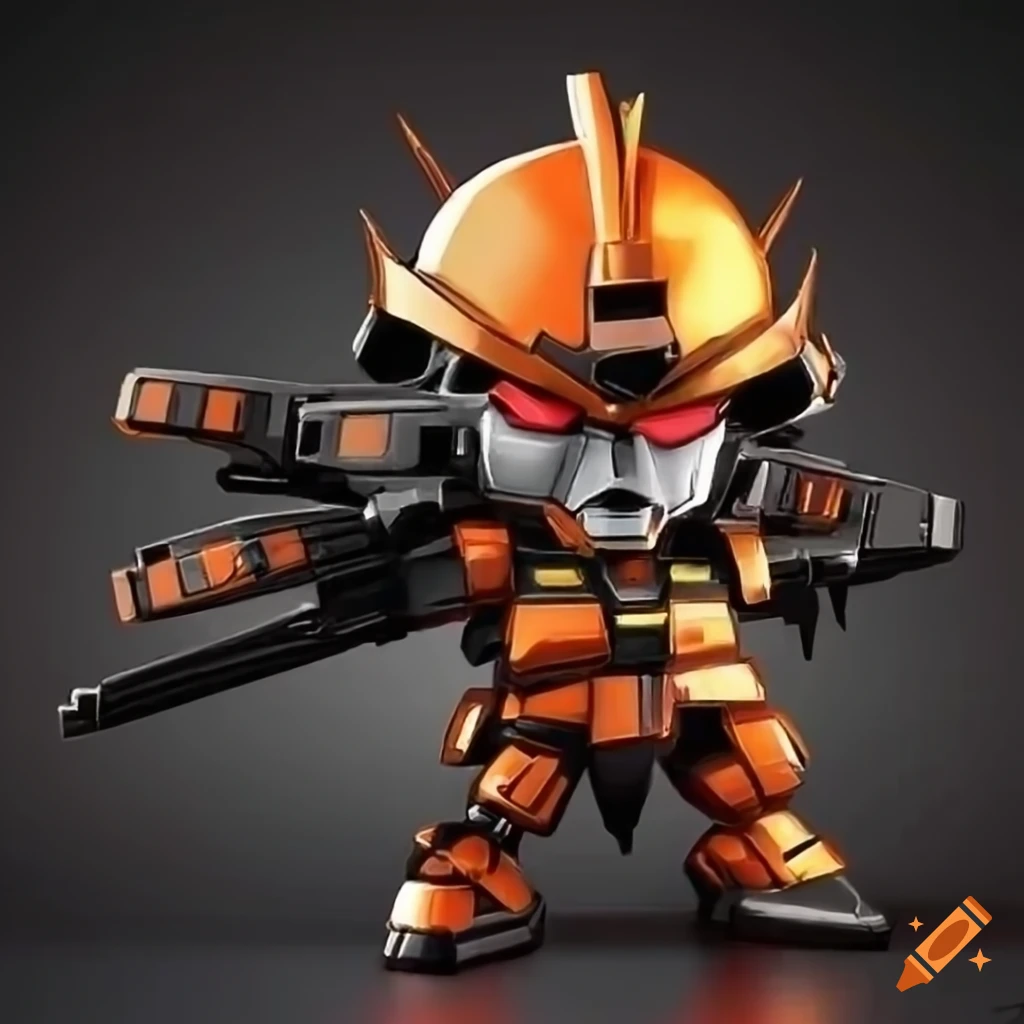 Chibi gundam robot with orange and black metallic armor on Craiyon