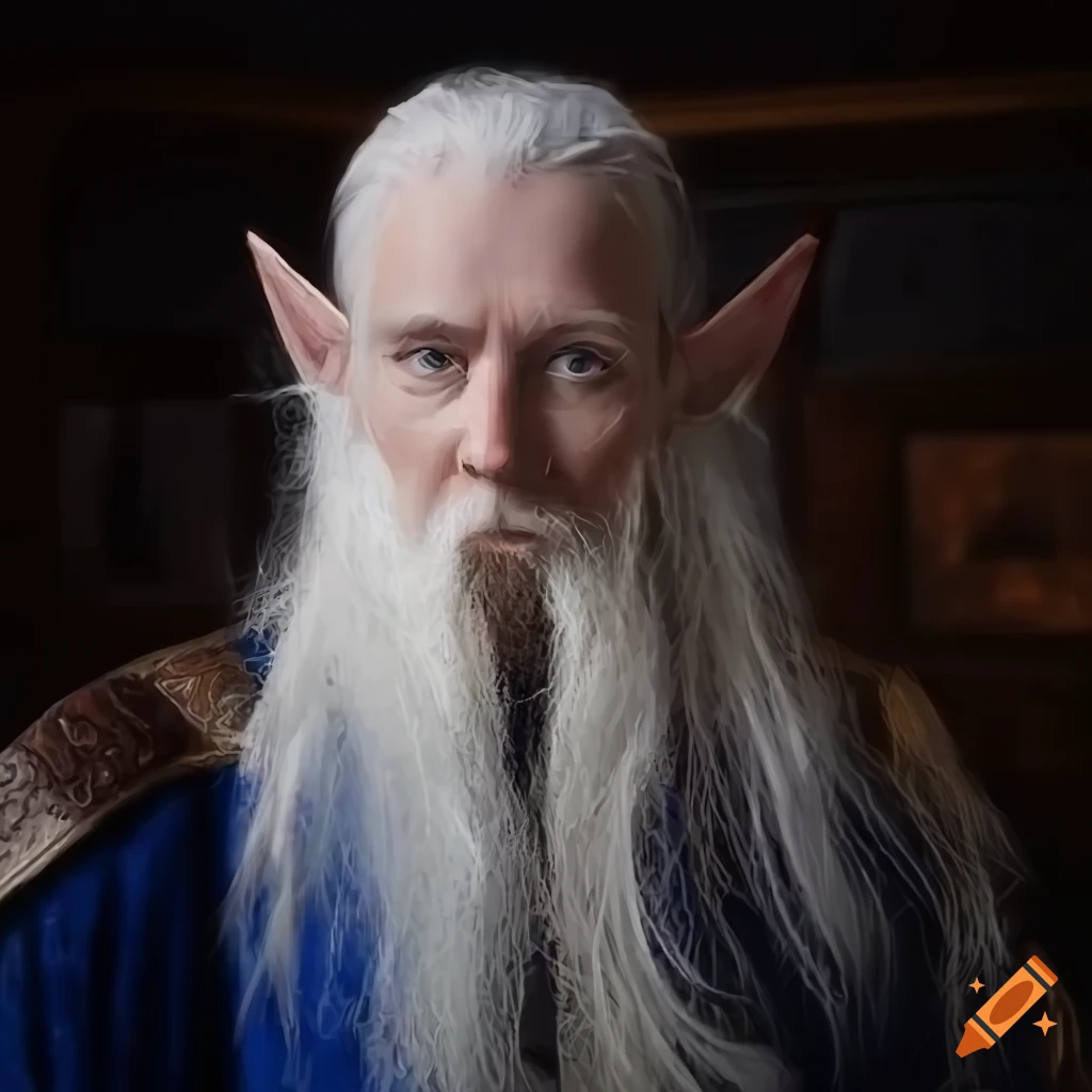 Photo of an ancient elf High Mage surrounded by artifacts on Craiyon