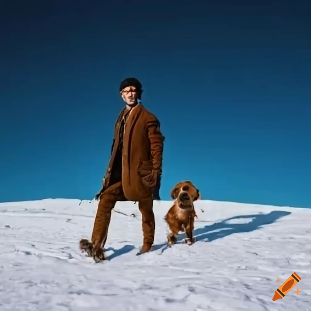 Man walking with his cocker spaniel in snowy countryside on Craiyon